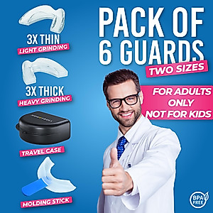 HONEYBULL Mouth Guard for Grinding Teeth [6 Pack - Mixed] Comes in 2 Sizes for Light and Heavy Grinding | Comfortable Custom Mouth Guard for Clenching Teeth at Night, Bruxism, Whitening Tray & Guard