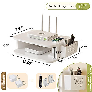 W WWEENUO Floating Projector Shelf Rack, WiFi Router Storage Box, Wall Mounted Cable Box Cover Hider TV Shelf for DVD Players, TV Boxes, Remote Controls, Wireless WiFi (2 Tier)