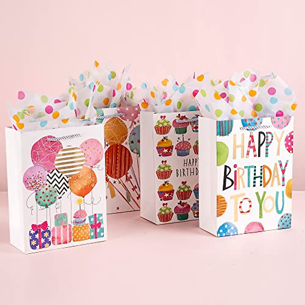 OfficeCastle 4 Pack Large Birthday Gift Bags with Tissue Paper (Rainbow Polka Dots)