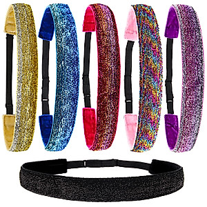 FROG SAC 6 Glitter Headbands for Girls, Adjustable Non Slip Head Bands for Kids, Cute Sparkly Stretch Elastic Hair Accessories for Gymnastics For Teen Girls, Women