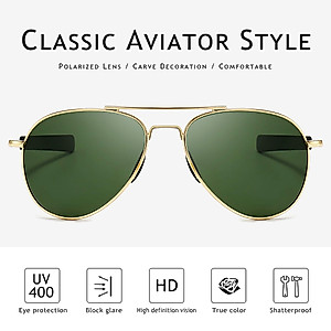 SUNGAIT Aviator Sunglasses for Men Polarized Military Style 100% UV400 Protection Pilot Bayonet Temples (Gold Frame/Green Lens, 58) SGT288JML