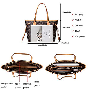 Luxury Shopping Bag Floral 2-in-1 Tote Bag Shoulder Bags for Work Large Capacity Crossbody Bag For women (Brown)