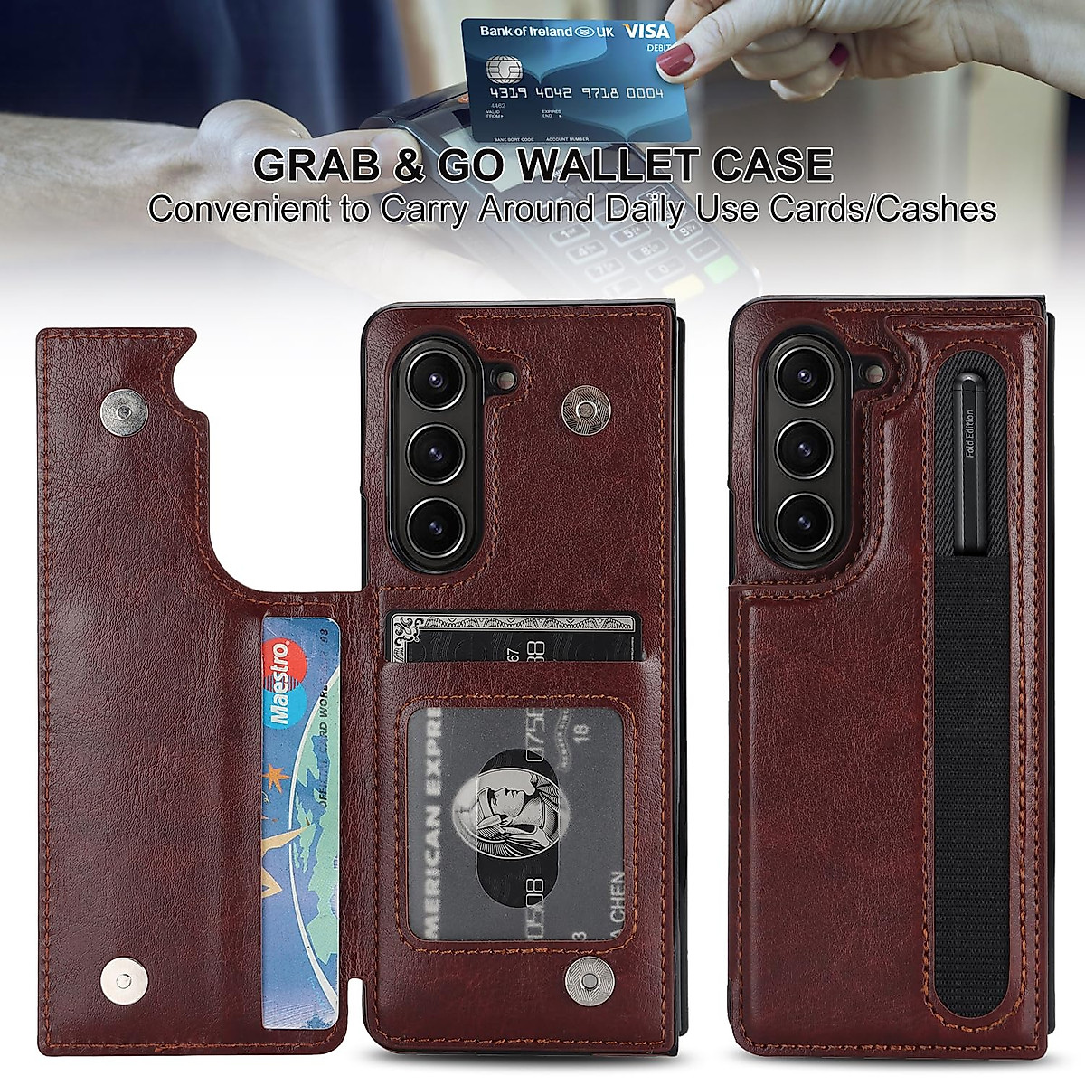 XIMAND for Samsung Galaxy Z Fold 5 Wallet Case with Credit Card Holder and S-Pen Holder,Fold Premium Leather Magnetic Clasp Kickstand Heavy Duty Protective Cover.(Brown)