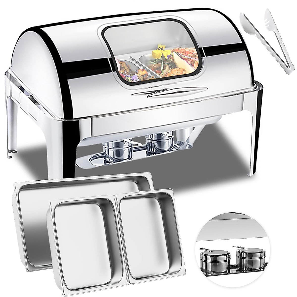 Kweetle Roll Top Chafing Dish Buffet Set Warmers with Cover 2 Pans 9.5Quart for Buffet Commercial Food Warmer Steam Table