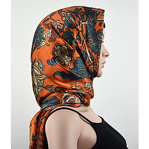 corciova Large Lightweight Women Square Designer Silk Scarf Shawl Pashmina Wrap 53 x 53 Safety Orange Burgundy Florals