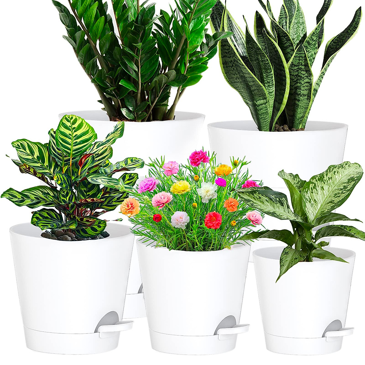 WOUSIWER Self Watering Planters 7/6.5/6/5.5/5 inch, Plant Pots with High Drainage Holes and Reservoir for Indoor Outdoor WindowSill Flowers and Plants, White