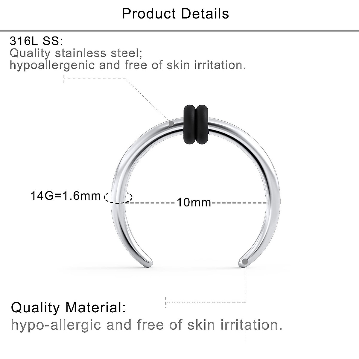 Lcolyoli 14G Septum Rings Surgical Steel 3/8"(10mm) Horseshoe Nose Hoop Ring Septum Piercing Jewelry for Women Men