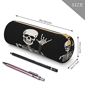 Rock And Roll Skeleton Skull Boho Hippie Cylinder Pencil Case Holder Zipper Pen Bag Pouch Students Stationery Cosmetic Bag