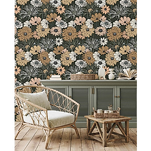 Akywall Vintage Green Floral Wallpaper Peel and Stick Textured Boho Flower Contact Paper Retro Self Adhesive Removable Vinyl Roll Daisy Leaf Mural Forest Green/Brown/White 17.3 x 78.7in