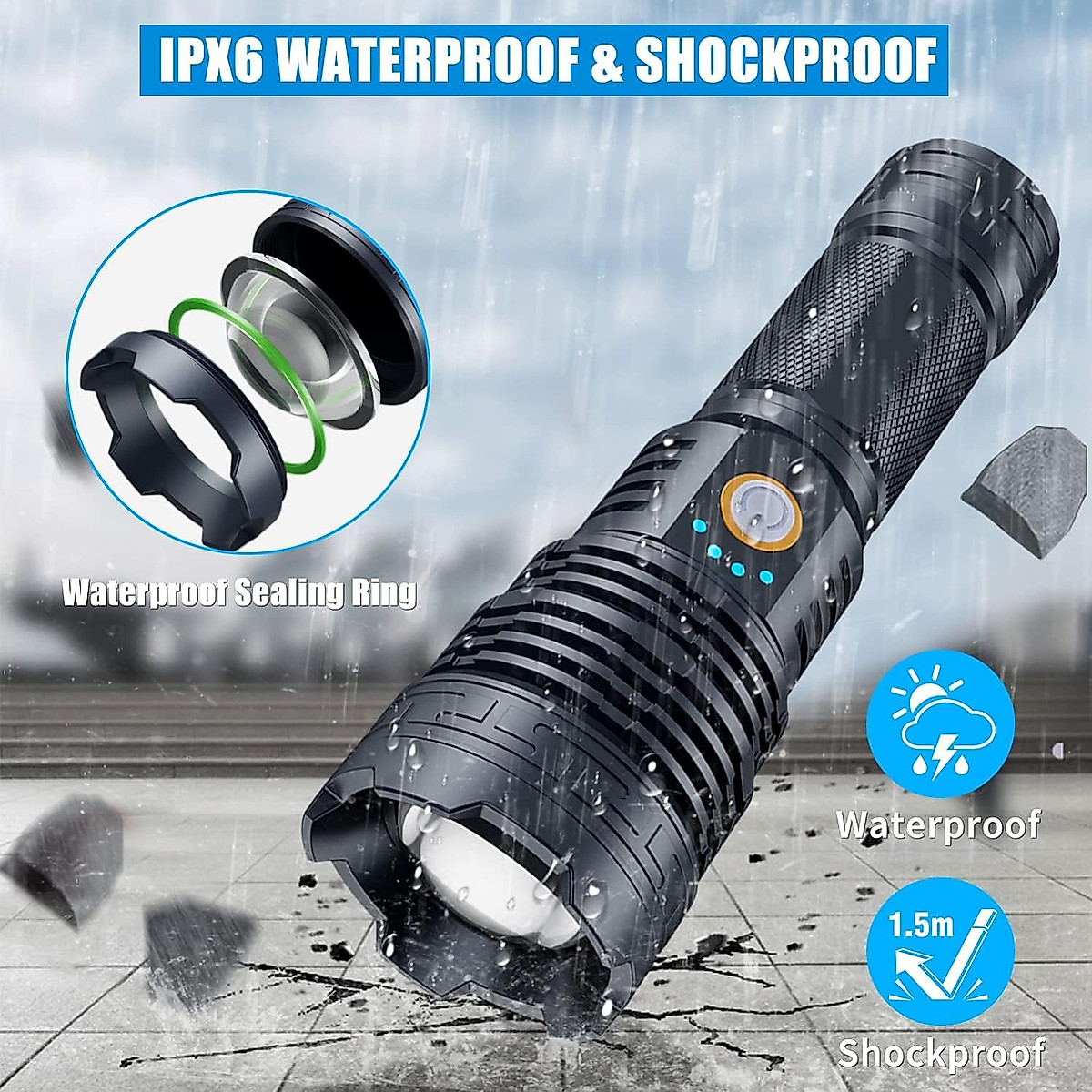 Alifa LED Flashlight Rechargeable High Lumens, 120000 Lumens Super Bright Tactical Flashlights, Xhp70.2 Zoomable Waterproof Flash Light 5 Modes for Camping, Home, Outdoor, Emergencies