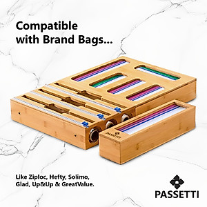 PASSETTI Bamboo Drawer Organizer for Storage Bag, Foil and plastic Wrap Organizer with Sharp Cutter, Storage Compatible with Gallon, Quart, Sandwich, Snack Bags and 12" Aluminum Foil & Wax Paper
