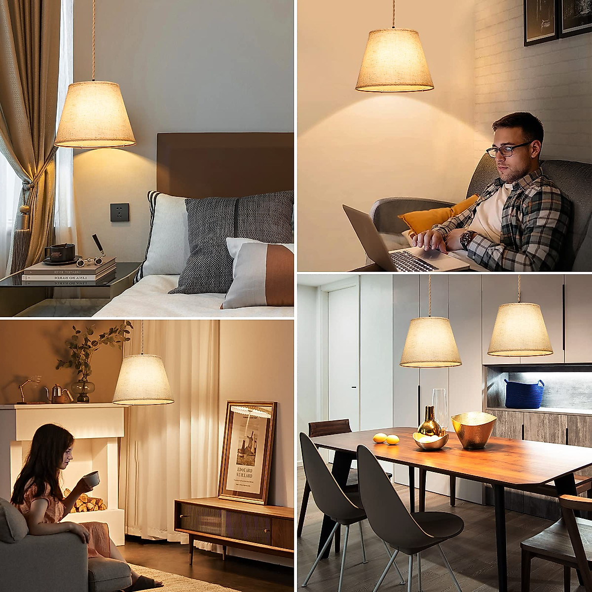 Dexnump Plug in Pendant Light, Hanging Light with Plug in Cord Dimmable Switch, Hanging Lamp with 15 ft Hemp Rope Cord, Pendant Light Fixture for Bedroom Kitchen Island Living Room (Bulb Included)