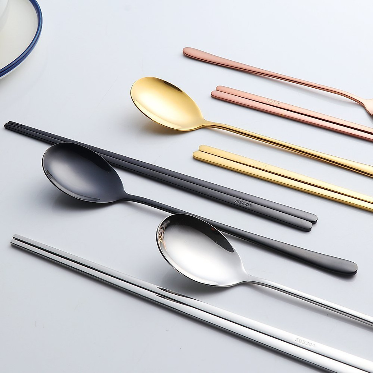 Buyer Star 4 Set Chopsticks Spoon Set, 4 Color Reusable Metal Stainless Steel Korean Chopstix Spoon Set Christmas Gift