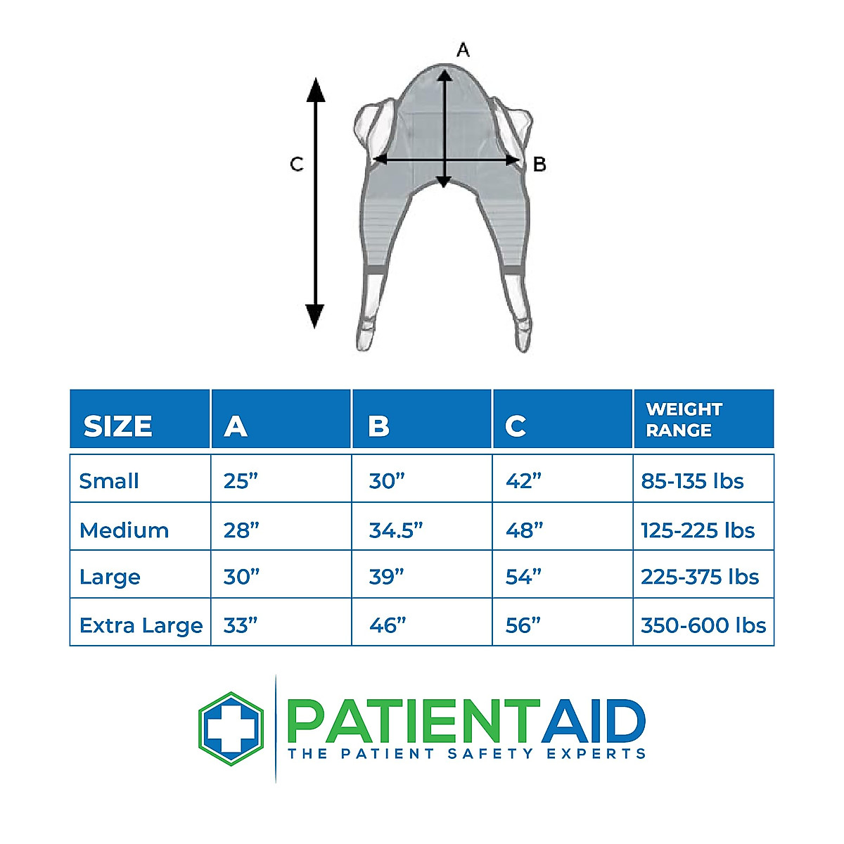 Patient Aid Padded U-Sling with Head Support - Soft Polyester Fabric - Comfy and Safe Lifting for the Elderly, Bariatric, and Non-Weight-Bearing - Medium, 225lb. Maximum Carrying Capacity