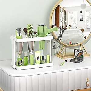 HIIMIEI Hair Tool Organizer, White Acrylic Blow Dryer and Curling Iron Holder, 2 Tier Bathroom Counter Storage, Vanity hairdryer Stand for Lotion Makeup Cosmetics Perfume Makeup Toiletries