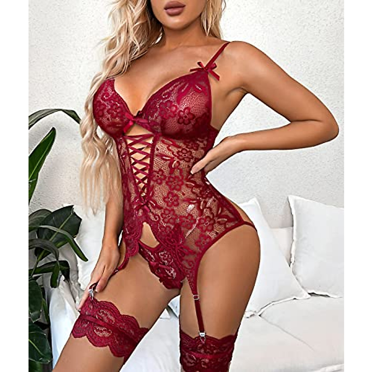 Donnalla Women Sexy Lingerie Set with Garter Belt Lace Bodysuit Teddy with Panty (Wine Red Medium)