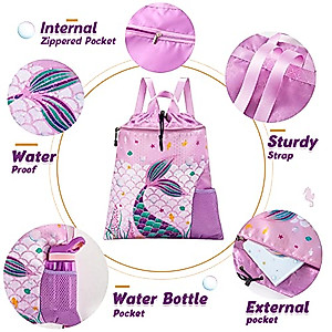 WAWSAM Mermaid Gym Drawstring Backpack String Bag - 15” × 17” Sports Gym Bag for Girls Kids Waterproof Swimming Beach Shopping Yoga Sackpack Birthday Gift with Zippered Pocket and Water Bottle Pocket