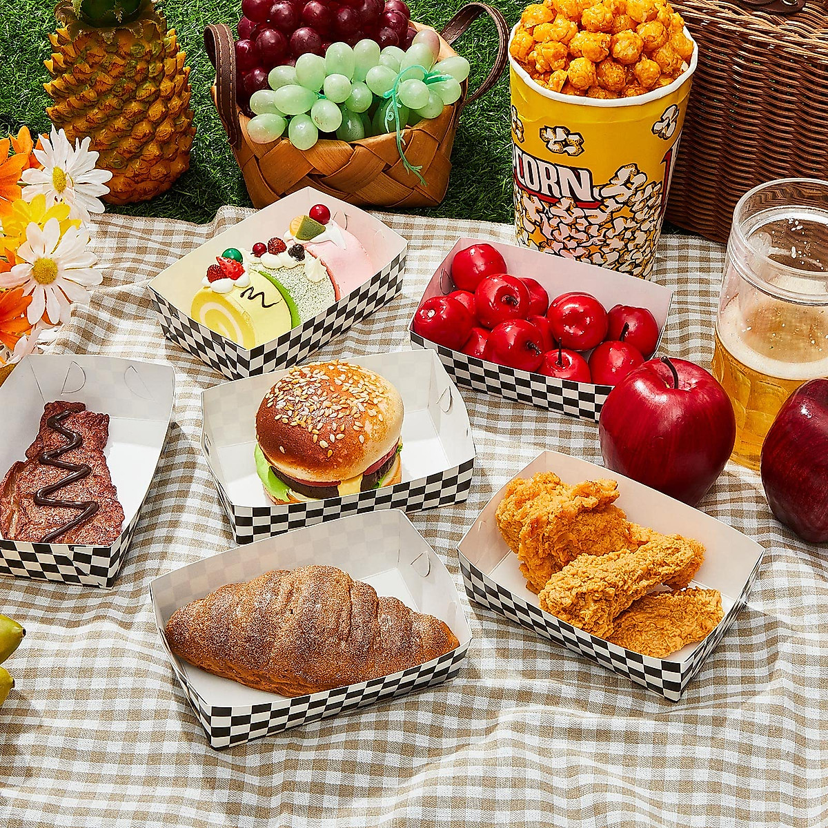 100 Pieces Checkered Paper Food Trays 2 lb Race Car Birthday Party Supplies Plaid Black and White Popcorn Trays Hot Dog Chips Trays Paper Baskets Small Food Boats, Need to Assemble