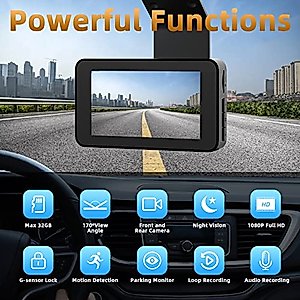 Ajvvf Dash Cam Front and Rear, 1080P Dashcam for Cars,170°Wide Angle Dashboard Cameras， Super Night Vision, G-Sensor, Loop Recording, Motion Detection, 24 Hours Parking Monitor with 32GB Card…