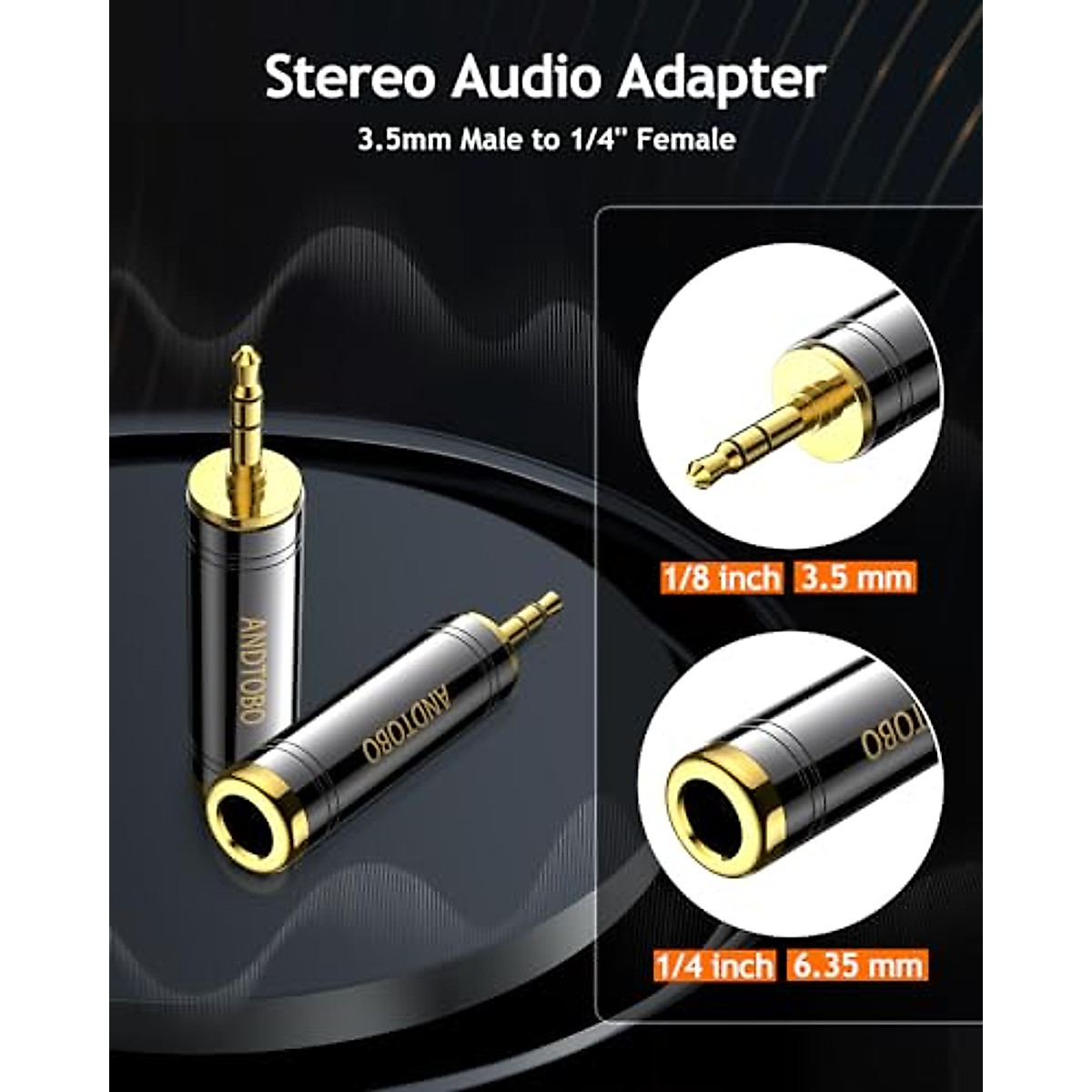 ANDTOBO 1/4'' to 3.5mm Stereo Pure Copper Headphone Adapter,3.5mm(1/8'') Plug Male to 6.35mm (1/4'') Jack Female Stereo Adapter, Black 2-Pack