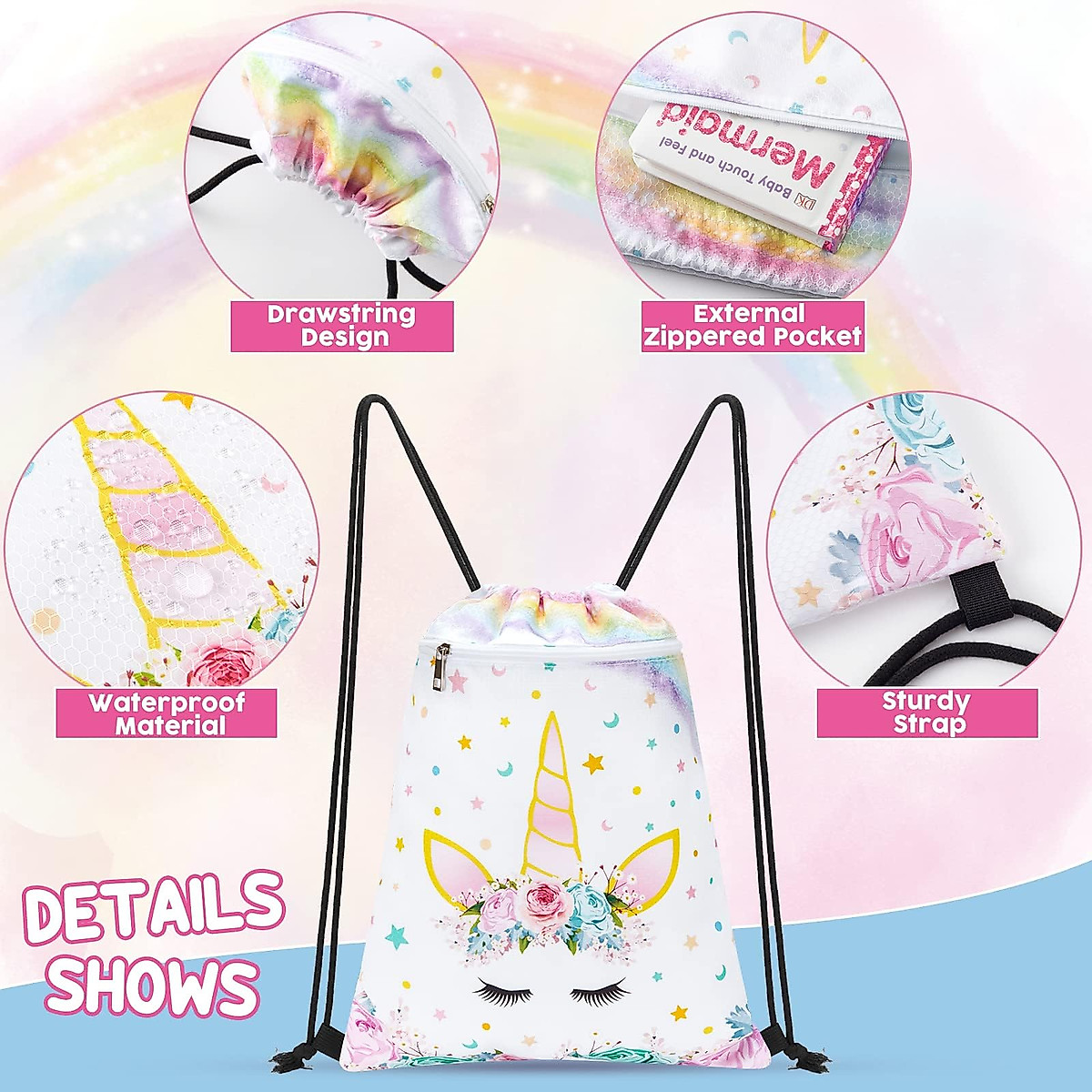 WAWSAM Rainbow Kids Drawstring Backpack - 13" x 18" Sports Gym Bag for Girls Waterproof Beach Swimming Travel Sackpack Birthday Christmas Gift with Zippered Pocket