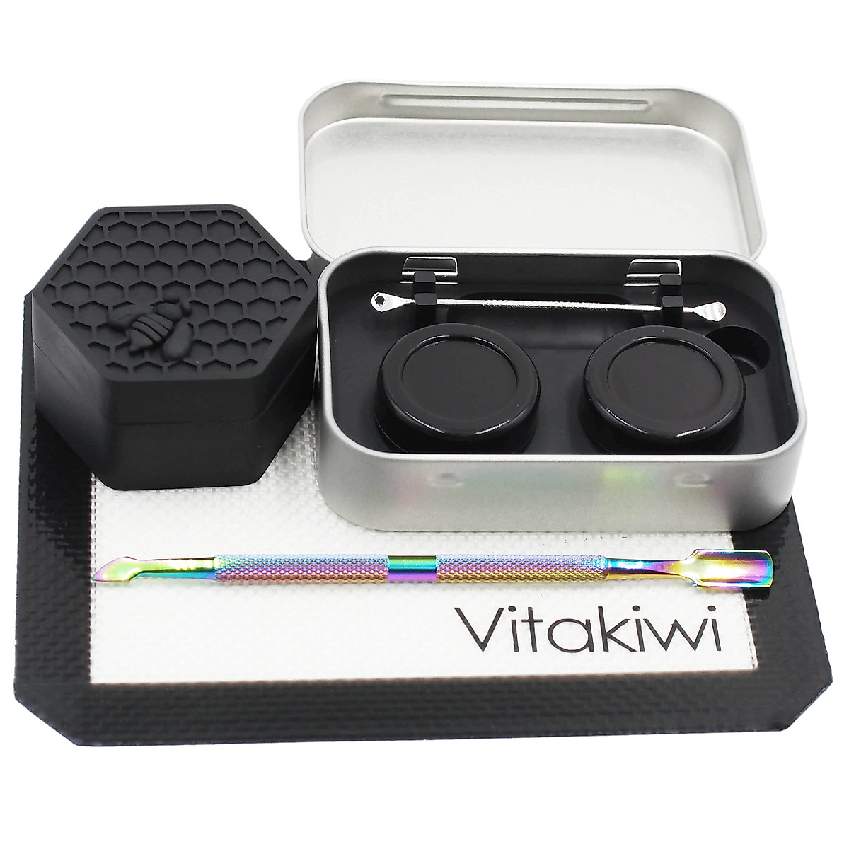 Vitakiwi Silicone Wax Carving Travel Kit with 5ml 26ml Honeybee Concentrate Containers + 5.2" Rainbow Tool + 5.9"×4.9" Mat + Tin Carrying Box (Black Color)