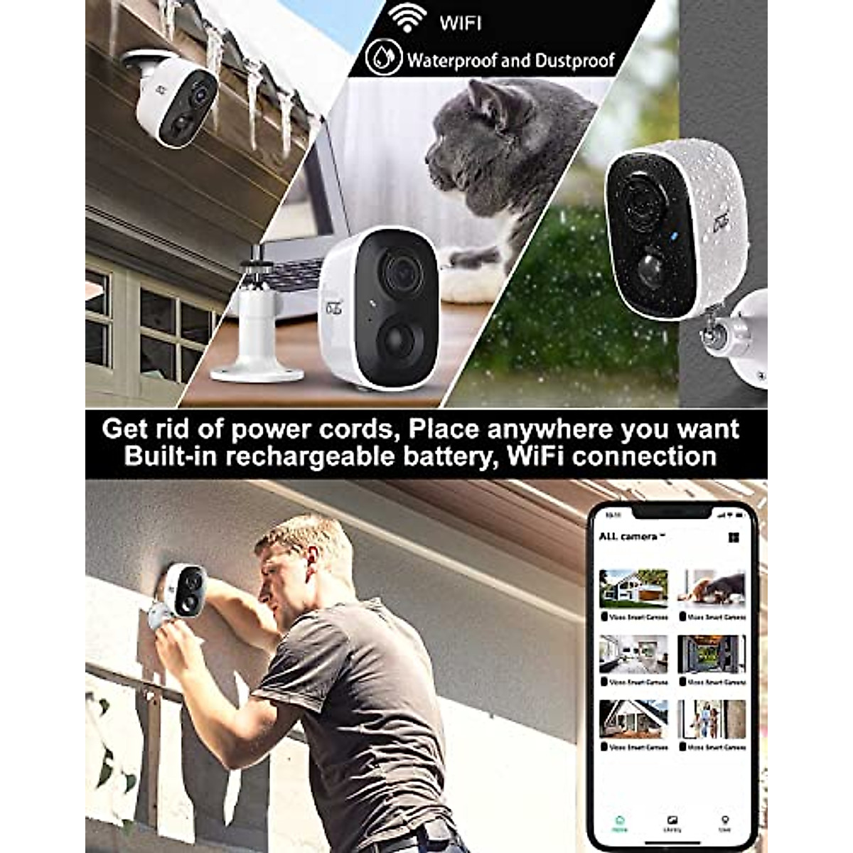 Security Camera Outdoor, Wireless Rechargeable Battery Powered 1080P HD WiFi IP Home Surveillance Cameras, Indoor Smart Cam w/ Night Vision/PIR Motion Detection Sensor/Siren Alarm/SD Slot/2-Way Audio