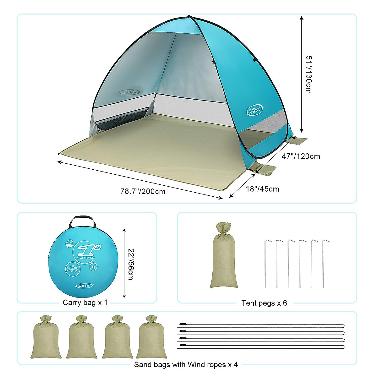 G4Free Portable Beach Tent 2-3 Persons Sun Shade Shelter UPF 50+ Sport Umbrella Canopy with Extendable Floor Foldable Lightweight