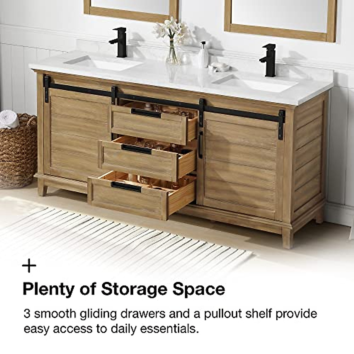 OVE Decors Edenderry 72" Double Undermount Sink Bathroom Vanity with Cultured Marble Countertop and Barn Doors, Pre-Assembled | Backsplash Included | 03 Drawers and Power Bar, 72 inches, Rustic Almond