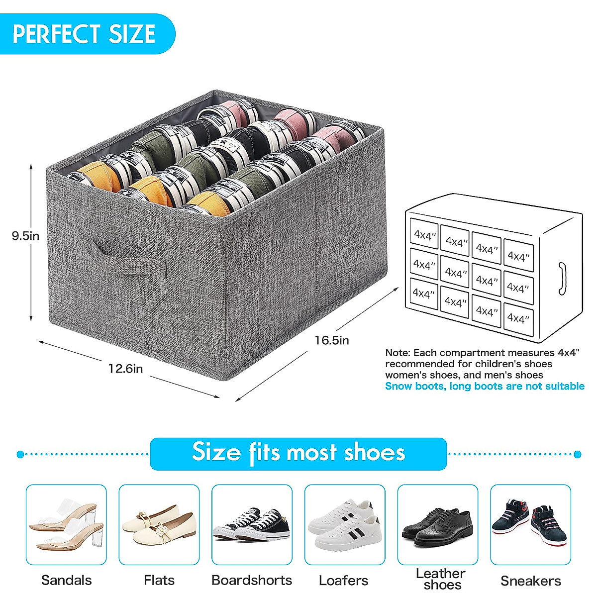 YWPXSN 2 Pack Shoe Organizer for Closet - Fits up to 24 Pairs, Fabric Shoe Storage Bins, Cube Storage Cabinet Foldable Shoes Container with Reinforced Handles (Dark Grey, 16.5"x12.6"x9.5")