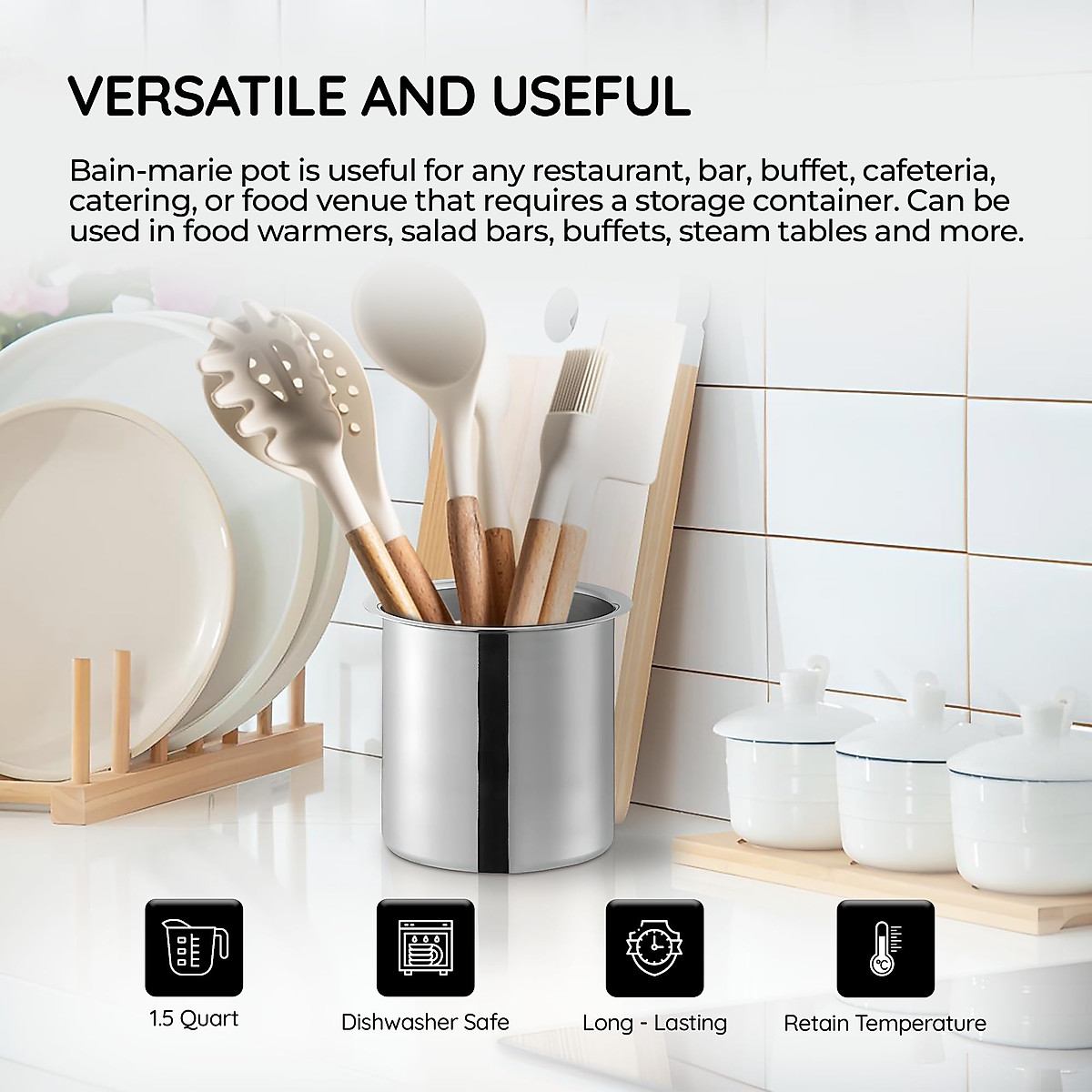 OCS Parts 1.5 Quart Bain Marie Pot | 5-5/8" x 4-7/16" Stainless Steel Pot for Warm or Cold Food, Sauces, Soups, or Organizing Cooking Utensils