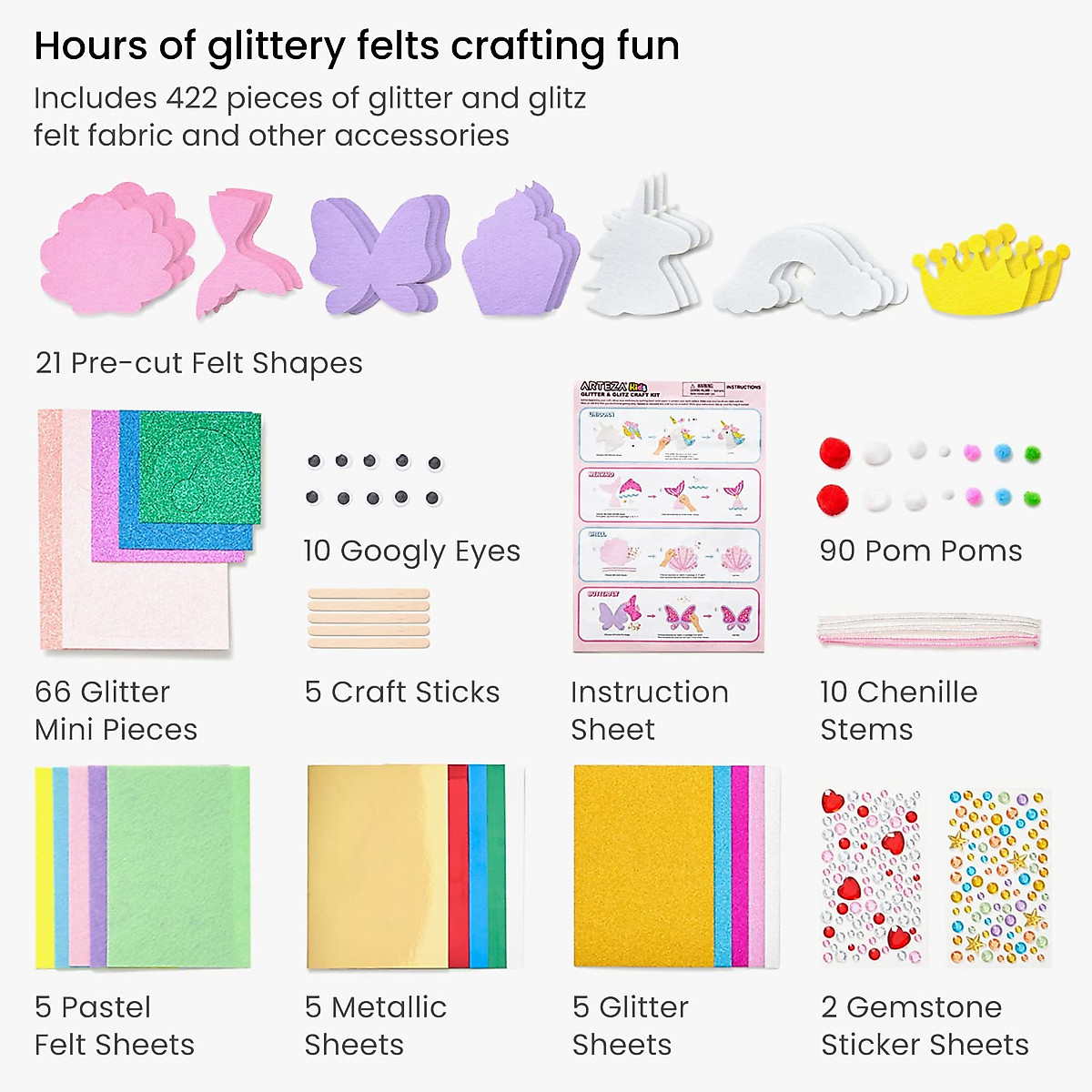 Arteza Kids Felt Kit, 422 Pieces, 21 Pre-Cut Glitter & Glitz Shapes, Assorted Felt Sheets, Glitter Mini-Pieces, Chenille Stems, and Accessories, Educational Kids’ Craft Supplies to Inspire Creativity