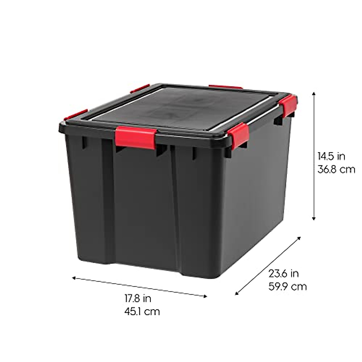 IRIS USA 74 Quart WEATHERPRO Plastic Storage Box with Durable Lid and Seal and Secure Latching Buckles, Weathertight, Black with Red Buckles, 4 Pack