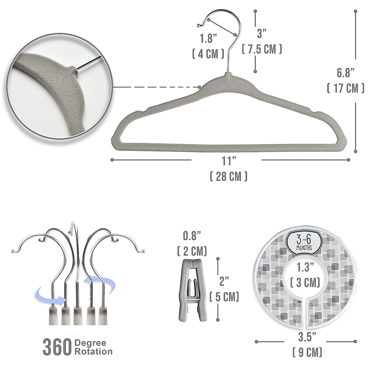 Babyrish Velvet Baby Hangers 30 Pack, Ultra Thin Nonslip Nursery Clothes Hangers with 8pcs Cute Clothing Dividers and 10pcs Hanger Clips for Kids Baby Boys & Girls Closet Organizer, Grey