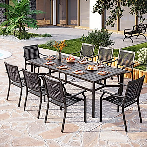 PHI VILLA 9 Pieces Outdoor Dining Set for 8, Large Rectangular Metal Dining Table with Umbrella Hole & Stackable Wrought Iron Chairs, Dining Furniture for Patio, Deck, Yard, Porch