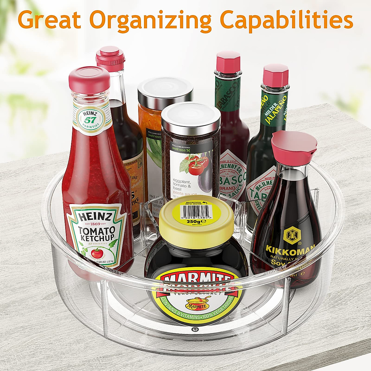 Lazy Susan Organizer, Clear Acrylic Large Lazy Susan Turntable Organizer with Dividers, Spinning Spice Lazy Susan Organizer Pantry for Cabinet/Bathroom/Countertop/Refrigerator/Kitchen