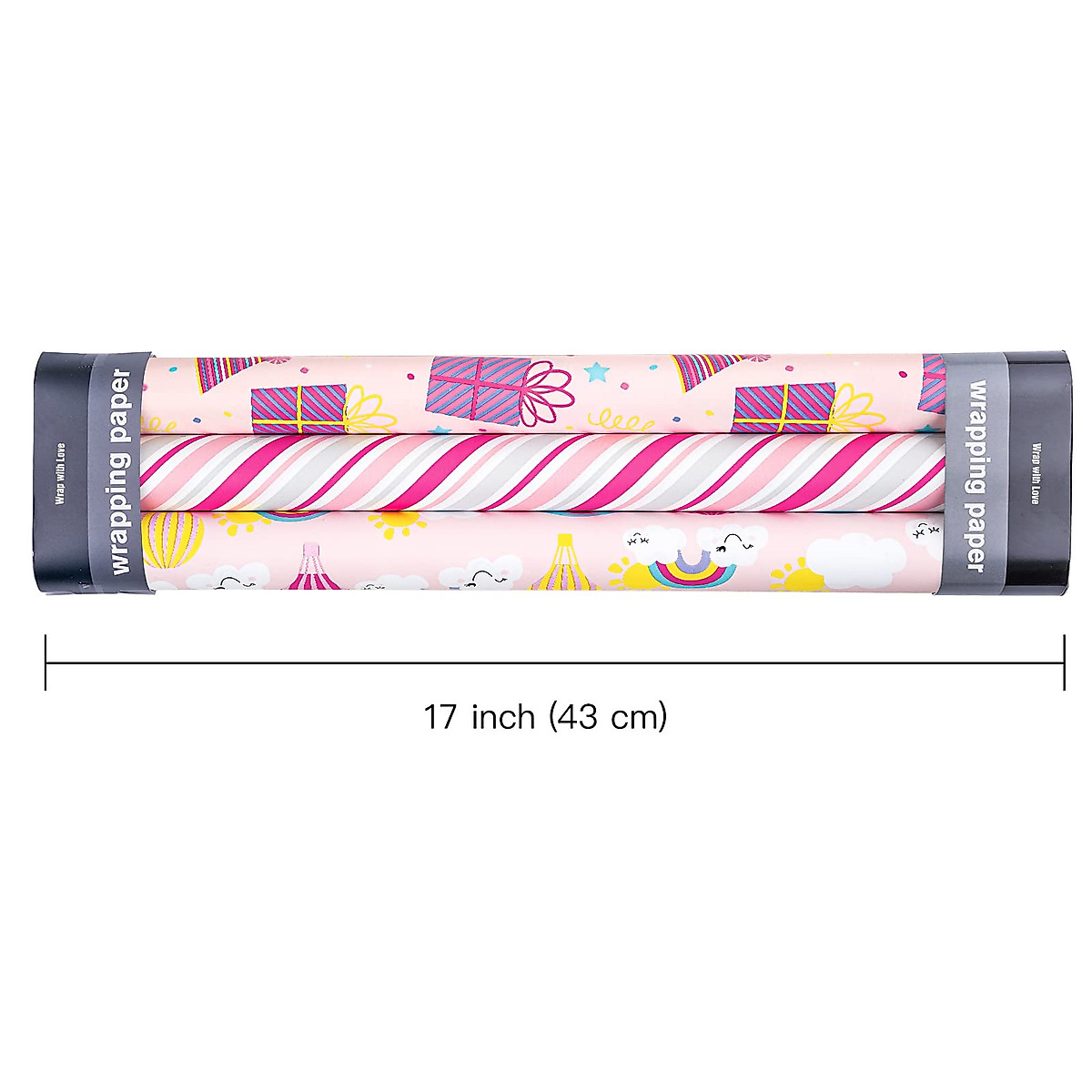 WRAPAHOLIC Birthday Wrapping Paper Roll - Mini Roll - 3 Rolls - 17 Inch X 120 Inch Per Roll - Pink Rainbow, Birthday Gift Boxes, Stripes for Kid's Birthday, Baby Shower