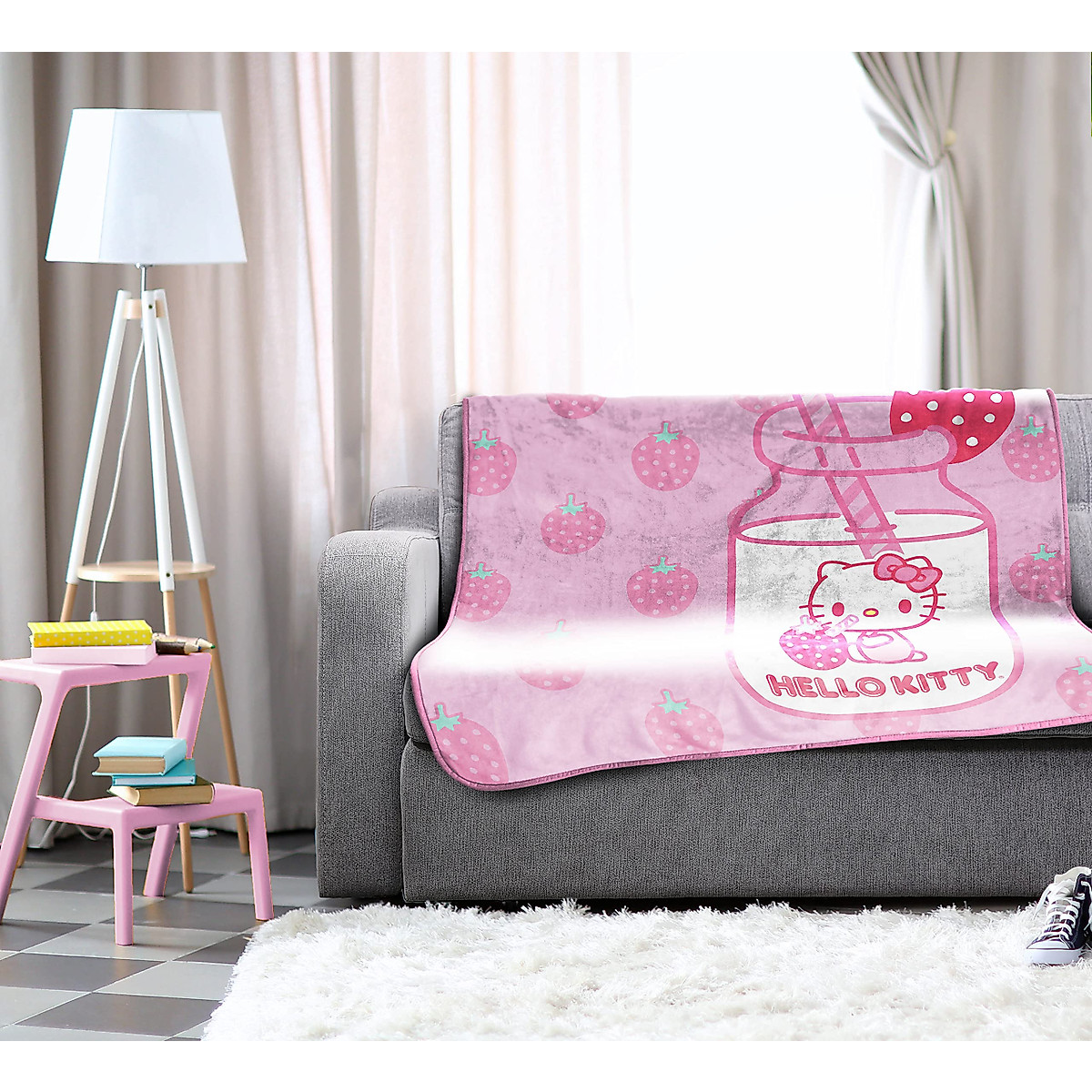 Hello Kitty Strawberry Milk Throw Blanket - Measures 46 x 60 inches, Kids Bedding Features Kitty White - Fade Resistant Super Soft Fleece (Official Hello Kitty Product)