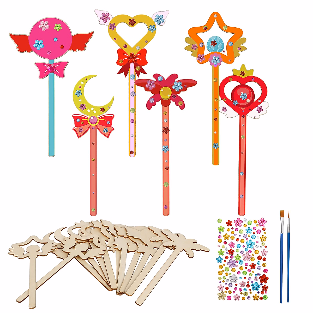 KATOOM Princess Fairy Wands Kit,12 Pcs Unfinished Wooden Fairy Wands DIY Art Craft Magical Wand for Kids Girls Birthday Christmas Decoration Costume Role Play