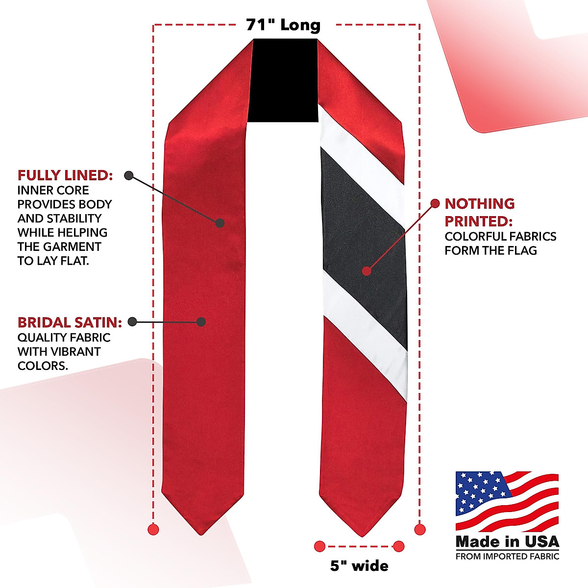 Vision Wear Trinidad Tobago Flag Graduation Sash/Stole International Study Abroad Adult
