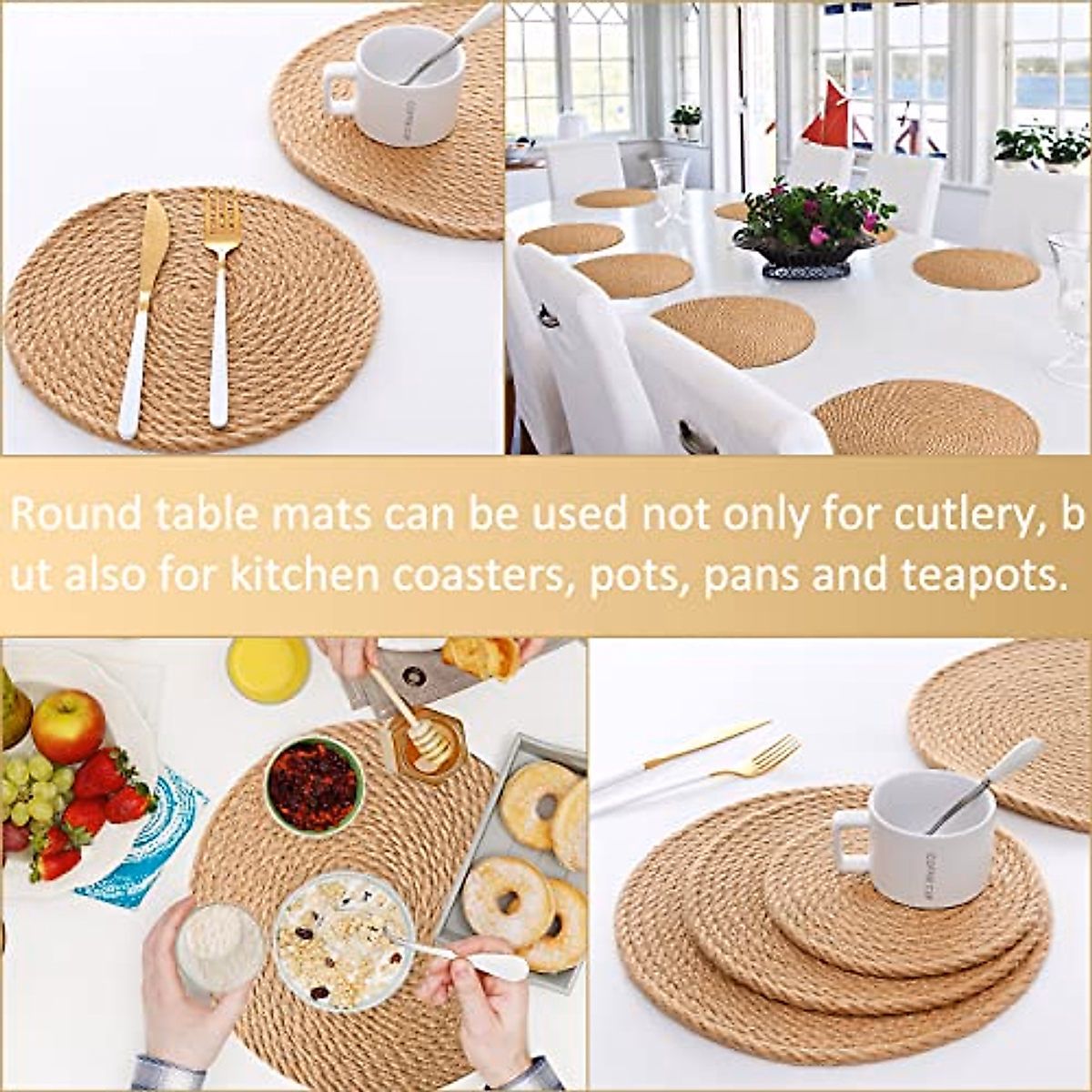 Amidaky Round Woven Placemats Set of 4 Braided Placemats Washable Natural Jute Round Table Mats 14 inches Brown