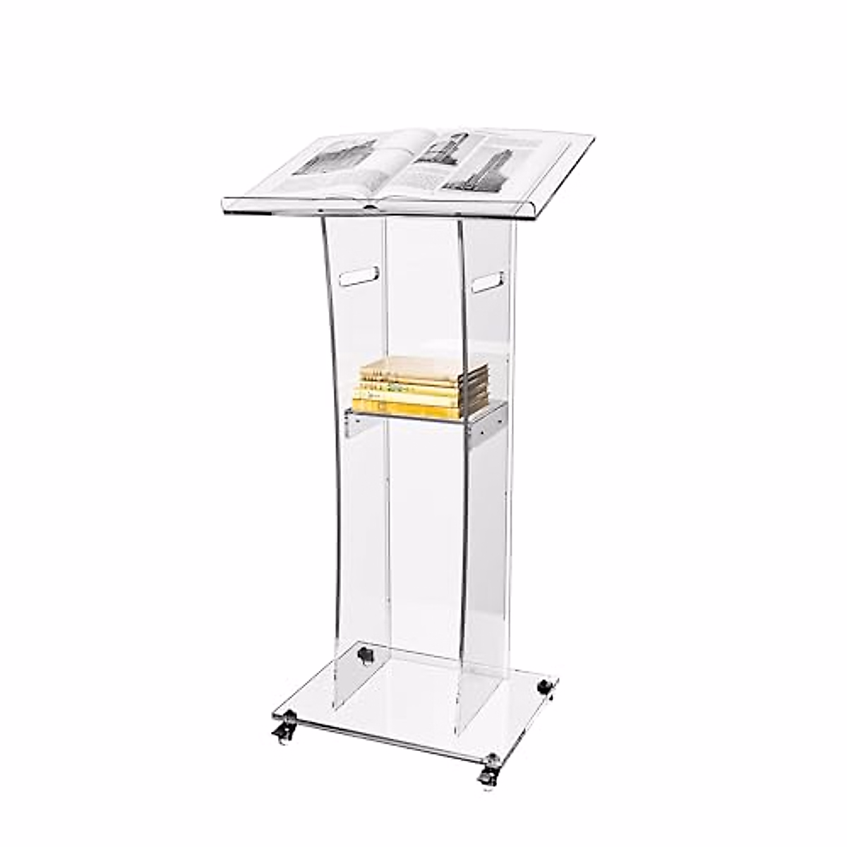 Acrtmatic Acrylic Clear Rolling Wheel Podium Stand, 47-inch Modern Lectern & Podium with Storage Shelf for Church, Speech，Classroom, Wedding, Concert. (23.6" L x 15.7" W x 47.2" H)