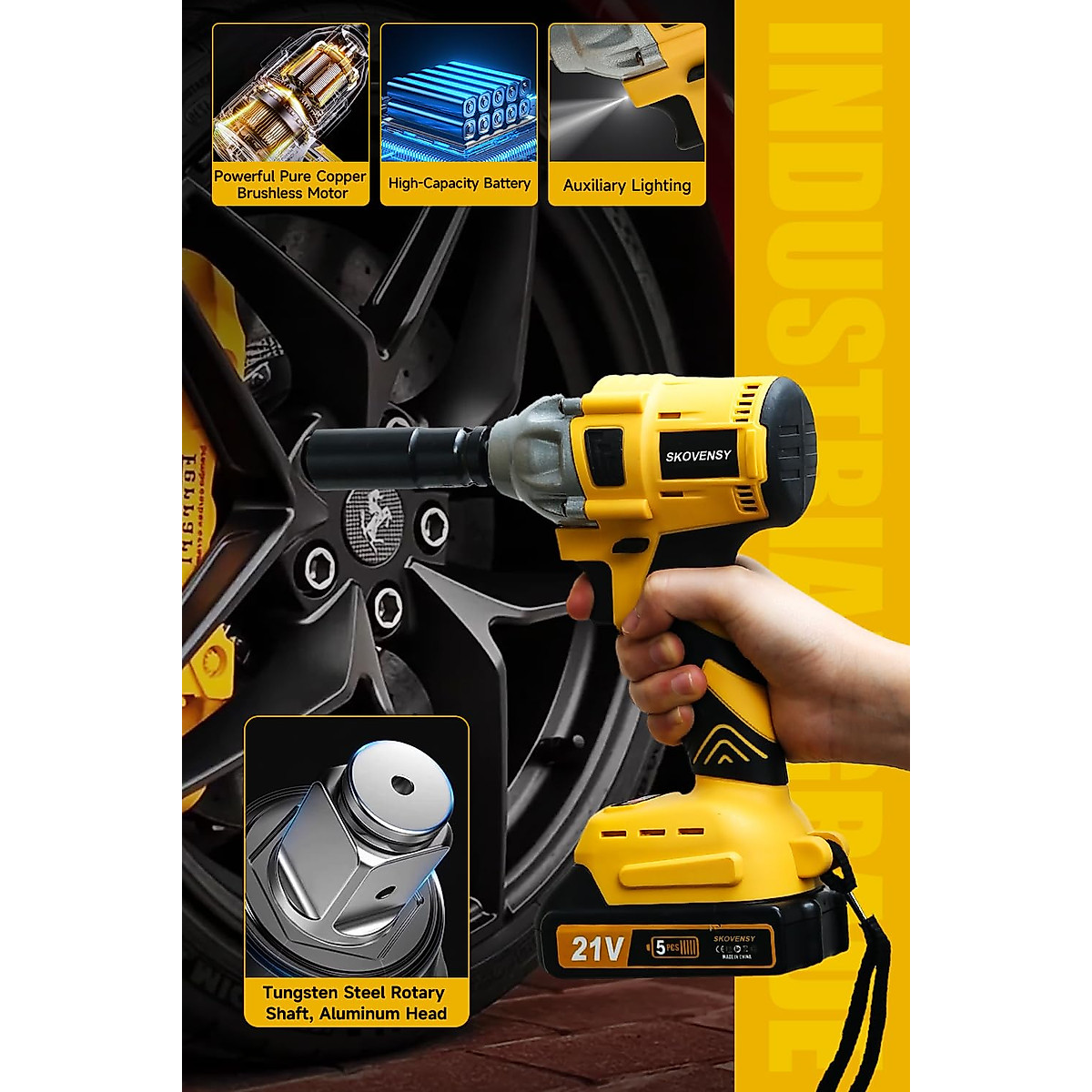 SKOVENSY Cordless Impact Wrench 258Ft-lb（350N.m）, 1/2 Impact Gun, 2 Batteries, Pistola de Impacto, with 5 Sockets, Electric Impact Driver for Car Tires and Home YELLOW