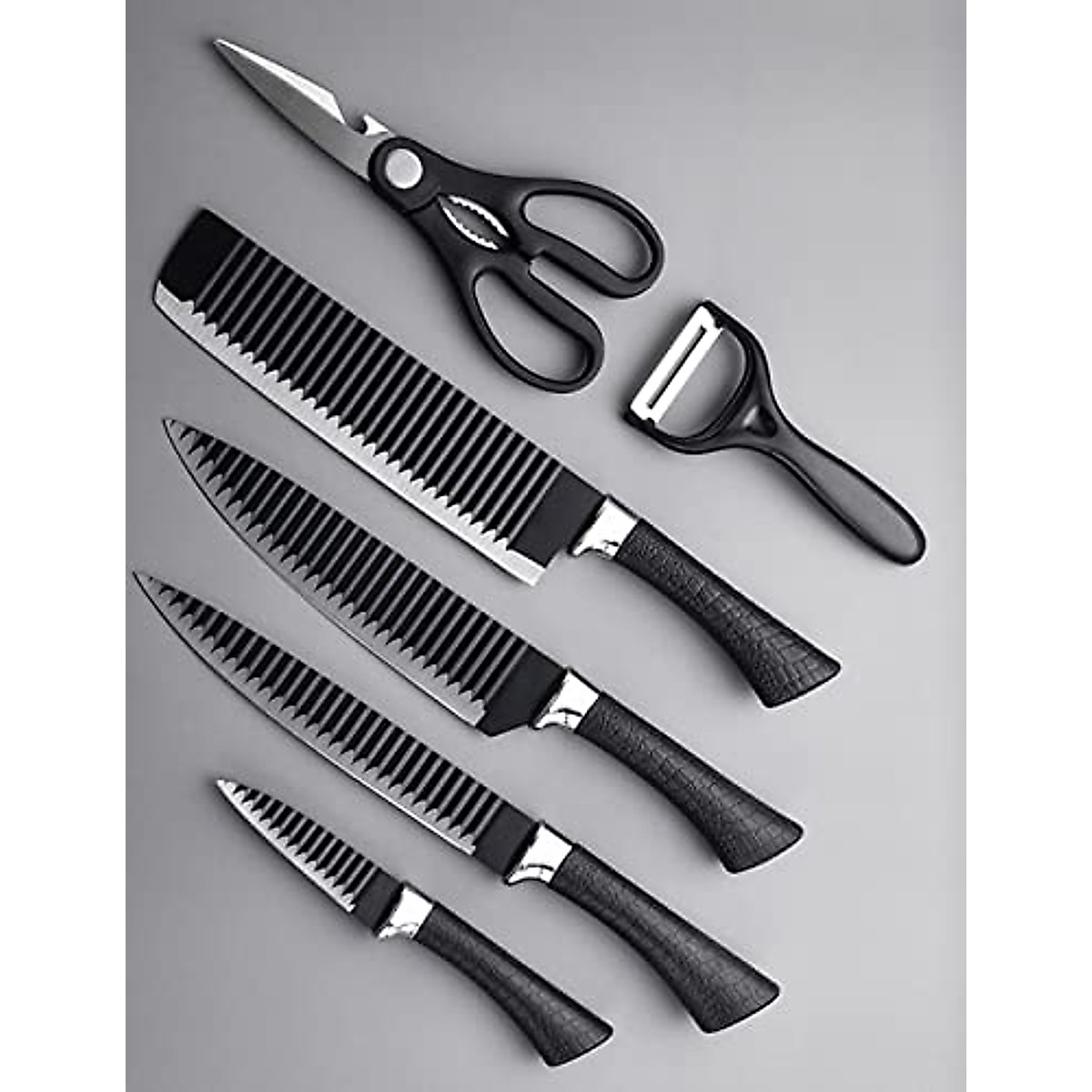 GAJING 6PCS Non-stick Black Kitchen Wavy Pattern Lightweight Knife Set with Ergonomic Handle Includes Chef Knife,Carving Knife,Slicer,Paring knife,Peeler and a pair of scissors