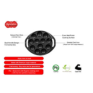 DYNAMIC COOKWARES, Mini Paniyaram pan Cast Iron Flat Bottom Tawa 8 Inch 12 Cavity, Go's Best with Gas, Induction Base, and Electrical Cook top