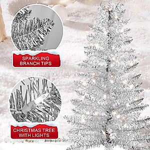 Liguanow 4ft Artificial Christmas Tree with Lights, Indoor & Outdoor Christmas Tree with 50 Warm White Lights, Xmas Pine Tree for Home Office Party Decor, Silver Tinsel