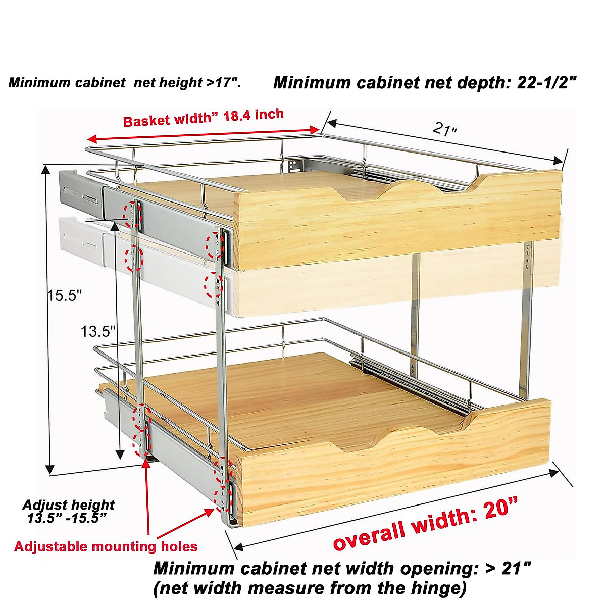 DINDON 2 Tier Pull Out Cabinet Organizer (20" W x 21" D) Slide Out Wood Shelf Double Tier Kitchen Wire Basket with Chrome Finish…