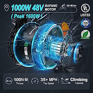 FREESky Electric Bike for Adults 1000W BAFANG Motor 48V 20Ah Samsung Cells Battery Ebike, 26" Fat Tire Full Suspension Electric Bicycles, 35MPH Snow Beach Mountain E Bike Shimano 7-Speed UL Certified