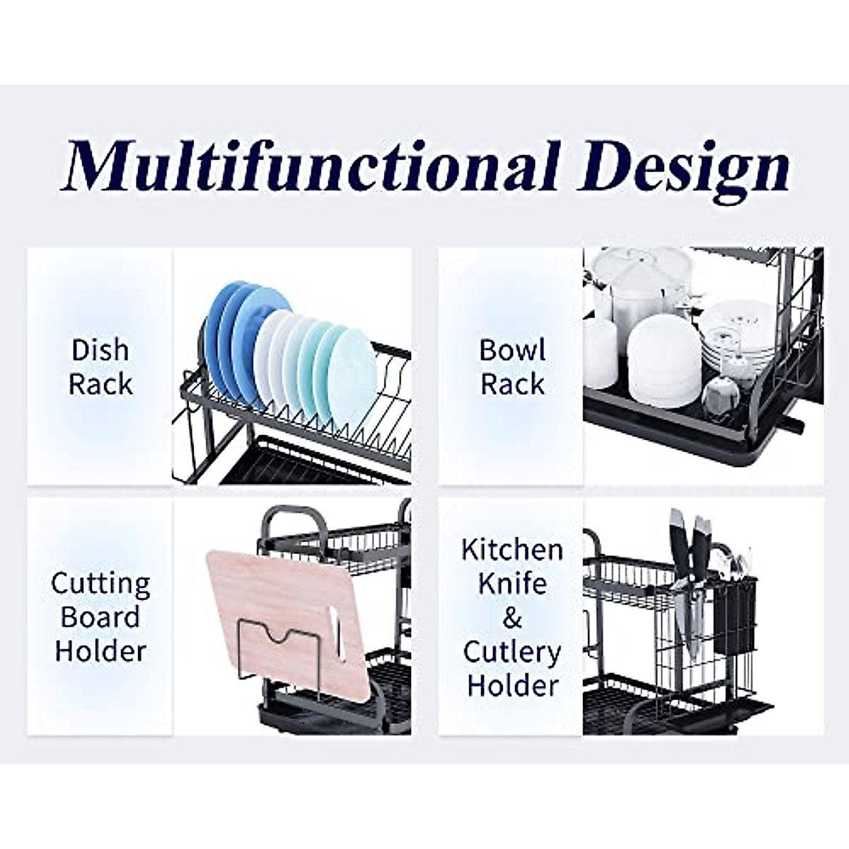 Kitsure Dish Drying Rack -Multifunctional Dish Rack, Rustproof Kitchen Dish Drying Rack with Drainboard & Utensil Holder, 2-Tier Dish Drying Rack with a Large Capacity for Kitchen Counter