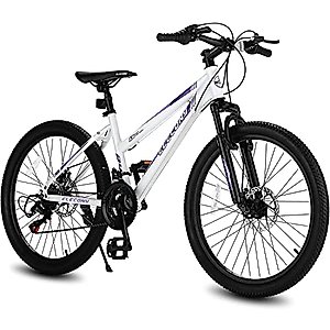 Elecony 26 inch Mountain Bike for Teenagers Girls Women, Shimano 21 Speeds Gear MTB with Dual Disc Brakes and 100mm Front Suspension, White/Pink